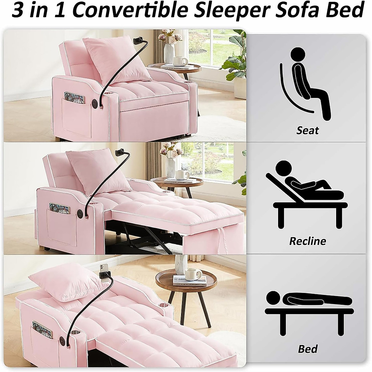 anwickjeff 3-in-1 Sofa Bed, Convertible Sleeper Chair Sofa Bed Adjustable Pull Out Sleeper Chair Bed Multi-Pockets Folding Sofa Bed for Living Room Bedroom Small Space (Pink)