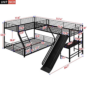 ATY L Shaped Full Bunk Bed with Twin Size Loftbed, Metal Bedframe w/Built-in Desk and Slide, for 3 People, Save Space Design, No Box Spring Required & Easy Assembly, Black