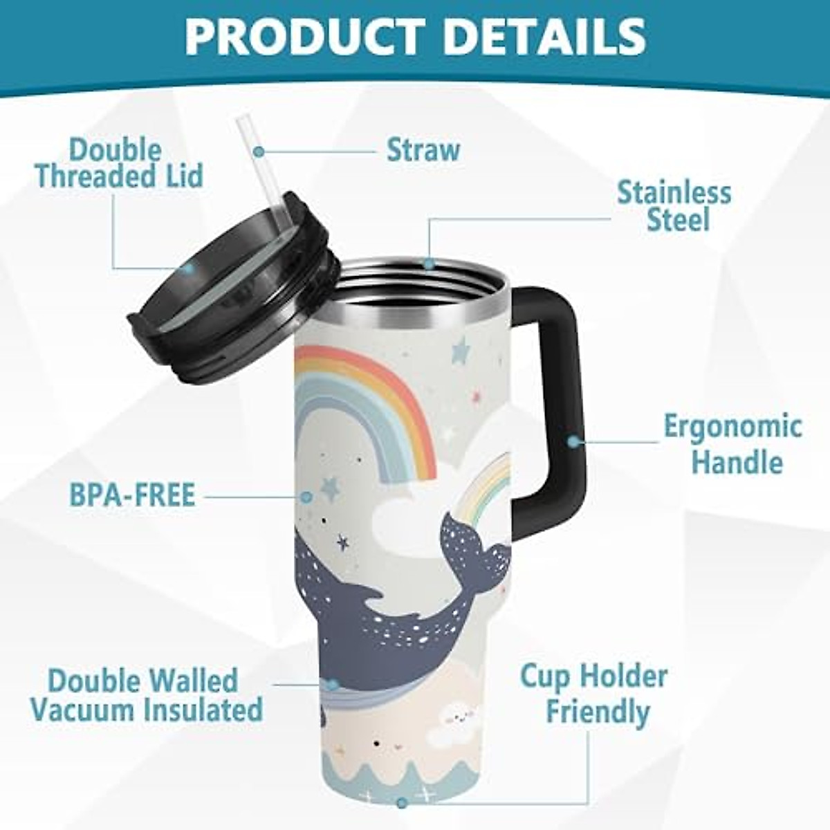 FRCSDIY Rainbow Whale Insulated Tumbler with Handle and Straw Lid,40oz Leakproof Stainless Steel Cup BPA-Free Water Bottle