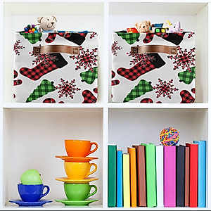 xigua Checkered Christmas Stockings Snowflakes Gingerbread Foldable Storage Bin, Collapsible Sturdy Fabric Storage Basket Cube W/Handles, Storage Box for Organizing Toys Nursery Shelf Closet Bedroom