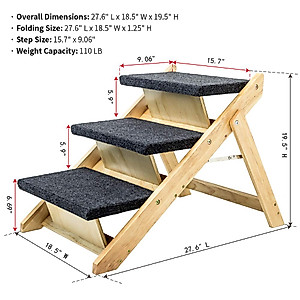 MEWANG Wood Pet Stairs/Pet Steps - Foldable 3 Levels Dog Stairs & Ramp Perfect for Beds and Cars - Portable Dog/Cat Ladder Up to 110 Pounds