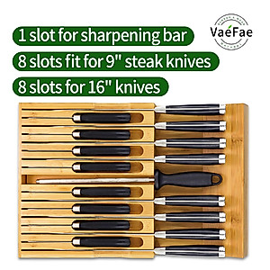 Bamboo Knife Drawer Organizer, Expandable Cutlery Tray and In-Drawer Knife Insert (16 knives)