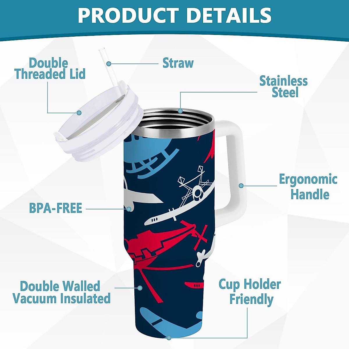 ARGTILDN 40 oz Tumbler Planes Helicopter Insulated Travel Mug with Handle and Straw Lid Stainless Steel Vacuum Coffee Cup Tea Beverage Container Water Bottles for Car Sports office