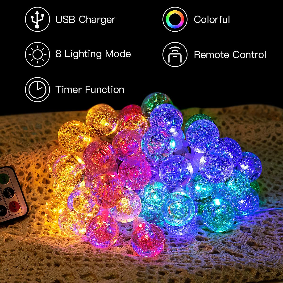 esLife RGB Globe String Lights USB Charger Fairy Lights , 50 LED Lights with Remote Control, 8 Modes Garden Lights Waterproof Indoor Outdoor Lights for Holiday, Party, Home Decoration