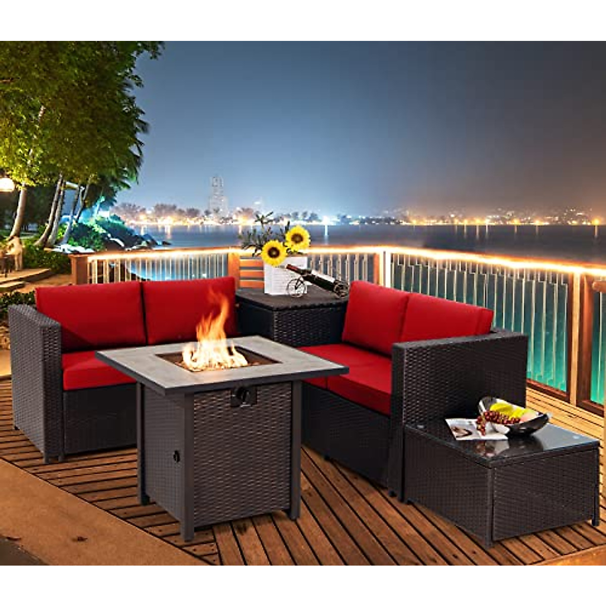 Tangkula 5-Piece Patio Furniture Set with 30 Inches Gas Fire Pit Table, Outdoor Wicker Conversation Sectional Sofa Set with Storage Box and Coffee Table, 50,000 BTU Propane Fire Pit Table (Red)