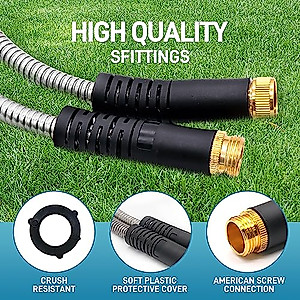 Besiter Garden Hose 25FT Stainless Steel Water Hose with 10 Functions Adjustable Spray Nozzle,Heavy-Duty Metal Garden Hose Flexible Durable No-Tangle & Kink Leak Dog Proof Hose for Yard Lawn
