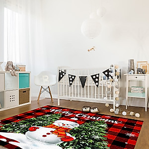 LBDecor 2x3ft Large Area Rugs for Living Room, Christmas Snowman Trees Area Runner Rugs Non Slip Bedroom Carpets Hallways Rug, Outdoor Indoor Nursery Rugs Décor, Red Plaid