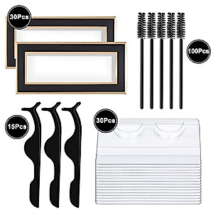 175 Pieces Lash Packaging Wholesale, Include 30 Empty Eyelashes Packaging Box, 30 False Lash Trays, 15 Eyelash Tweezers and 100 Eyelash Brush Mascara Wands Disposable (Black)
