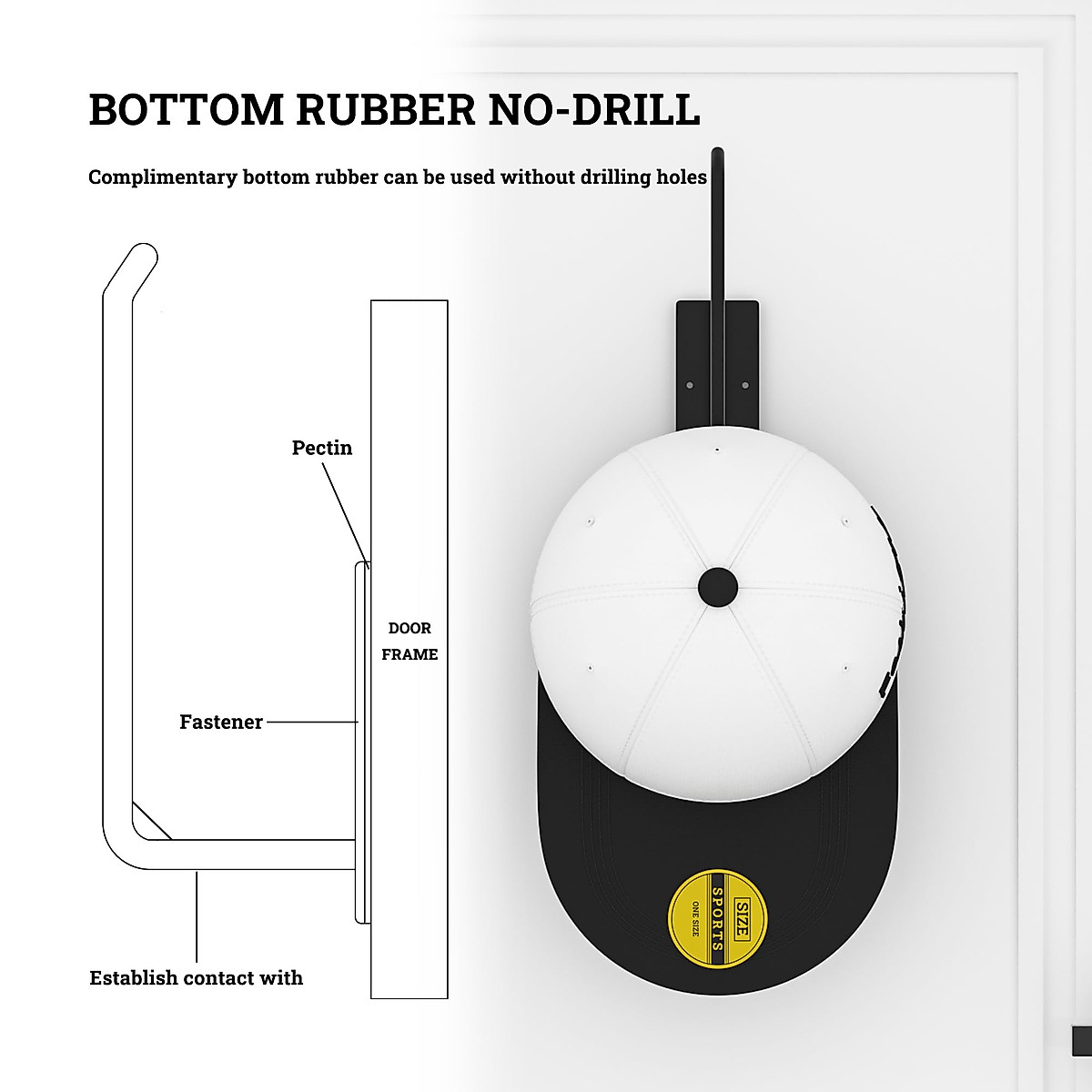 LONGD 8 Pack Hat Racks for Baseball Caps, Hat Organizer for Baseball Cap, Hat Holder Storage Organizer, Hat Hanger Strong Adhesive/Wall Drilled for Door,Bedroom,Closet Black