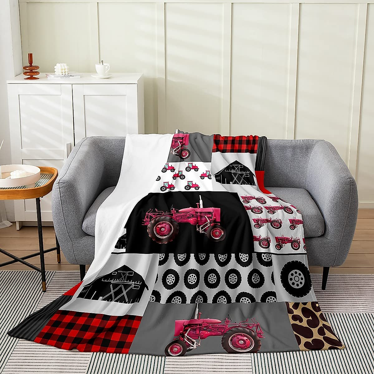 Feelyou Kids Tractor Flannel Fleece Blanket Set Red Farm Tractor Plush Throw Blanket,for Kids Equipment Trucks All Season,Bed Blanket Set Geometric All Season,Bed Blanket Baby 30"x40"