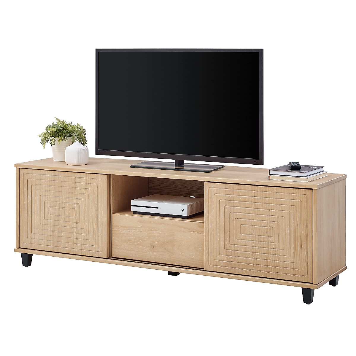 MUSEHOMEINC Wood TV Stand/Media Console with Shelve and Drawer for Living Room,Mid-Century Modern Style,Beige and Black Finish