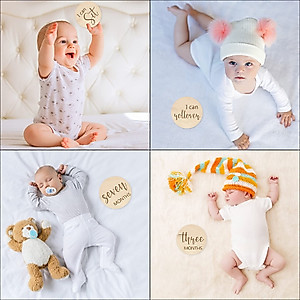 Baby Milestone Cards Wooden Monthly Cards and Infant First, Double Sided Engraved Photo Prop Discs,Gift Set for Baby Shower and Newborn,Come with Velvet Gift Bag (Round style2)