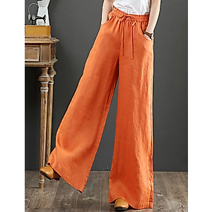 Hongsui Women's Cotton Linen Palazzo Pants Drawstring Waist Wide Leg Loose Trousers with Pockets Orange