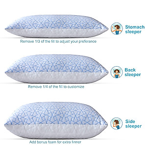 Cooling Pillow for hot Sleepers - Queen Pillow for Side and Back Sleeper - Adjustable Bed Pillows - Shredded Memory Foam Cooling Gel Pillow with Extra Fill