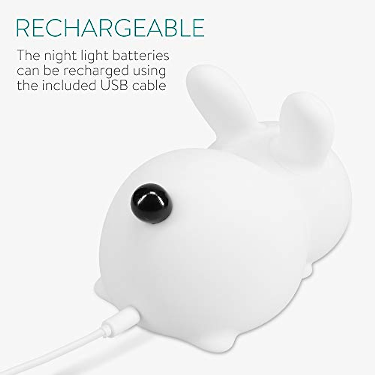 Navaris Bunny Night Light for Kids - Rechargeable Dimmable LED Lamp for Baby Nursery, Girls or Boys Bedroom - BPA-Free Silicone - Snow White Rabbit