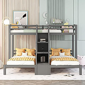 VilroCaz Twin Size Triple Bunk Bed with Built-in Staircase and Storage Drawer, Solid Wood Bunk Bed Frame with Safety Full-Length Guardrail for 3, Bedroom Guest Room Home Furniture (Gray)