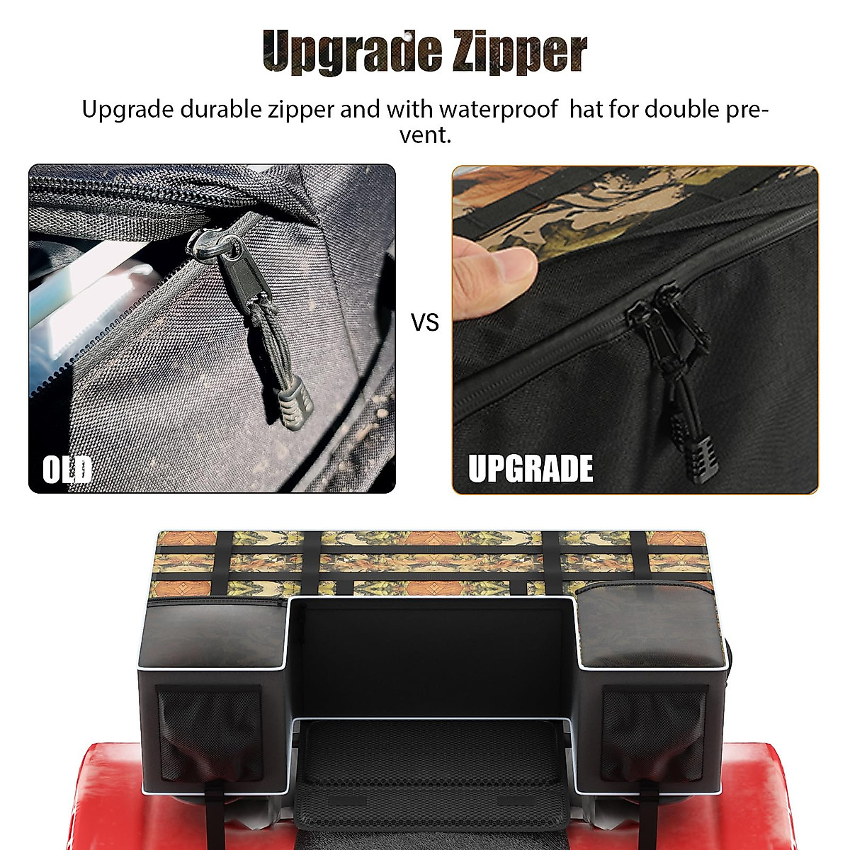 SUNPIE ATV Rear Seat with Storage ATV Back Seat w/Cushion Seat Upgrade Waterproof Zipper ATV Passenger Seat Cargo Bag Compatible with Honda Kawasaki Yamaha,4 Wheeler Rear Seat Bag Build-in Frame Camo