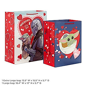 Hallmark Star Wars The Mandalorian Valentine's Day Gift Bag Set (2 Bags: 1 Large 13", 1 Extra Large 15") Grogu, Baby Yoda, for Kids, Husbands, Fans