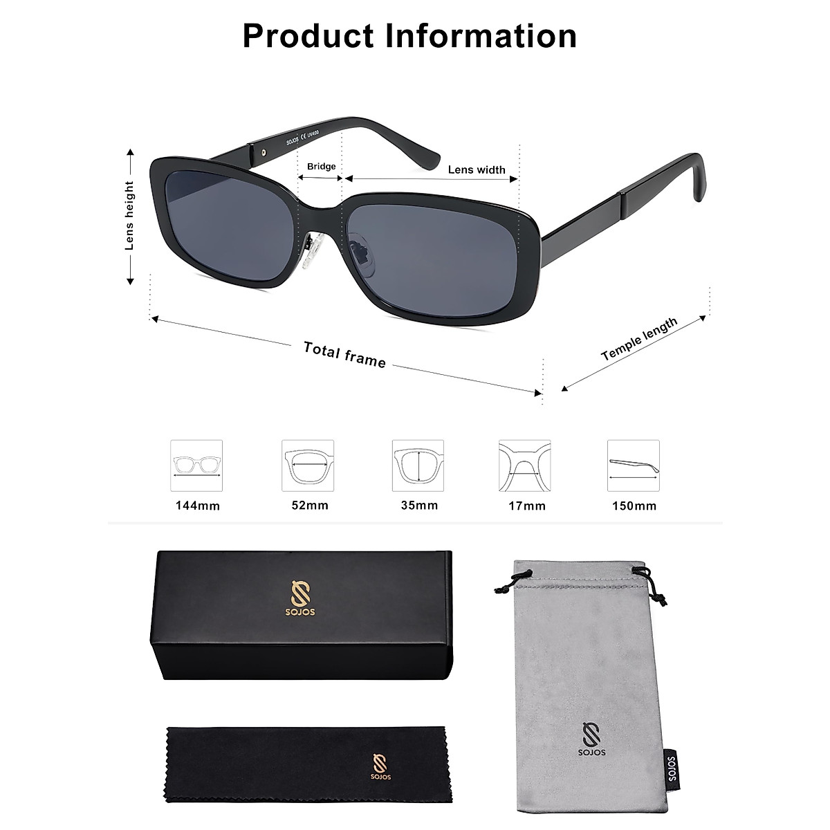 SOJOS Small Face Sunglasses Womens Men Trendy Y2K Designer Cute Shades Petite,Black