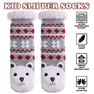 FNOVCO Kids Slipper Socks Boys Girls Fuzzy Soft Thick Cozy Warm Fleece lined Winter Indoor Christmas Socks (8-12 Years, Polar Bear)