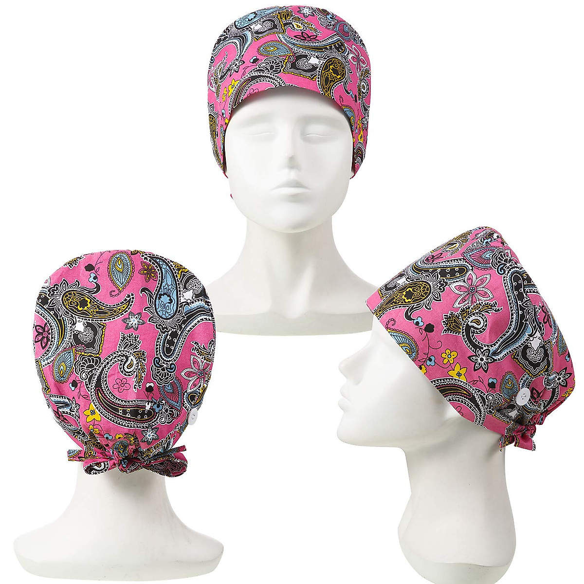 SATINIOR 6 Pieces Adjustable Turban Caps with Button and Sweatband Bouffant Printed Covering Hat for Women Men
