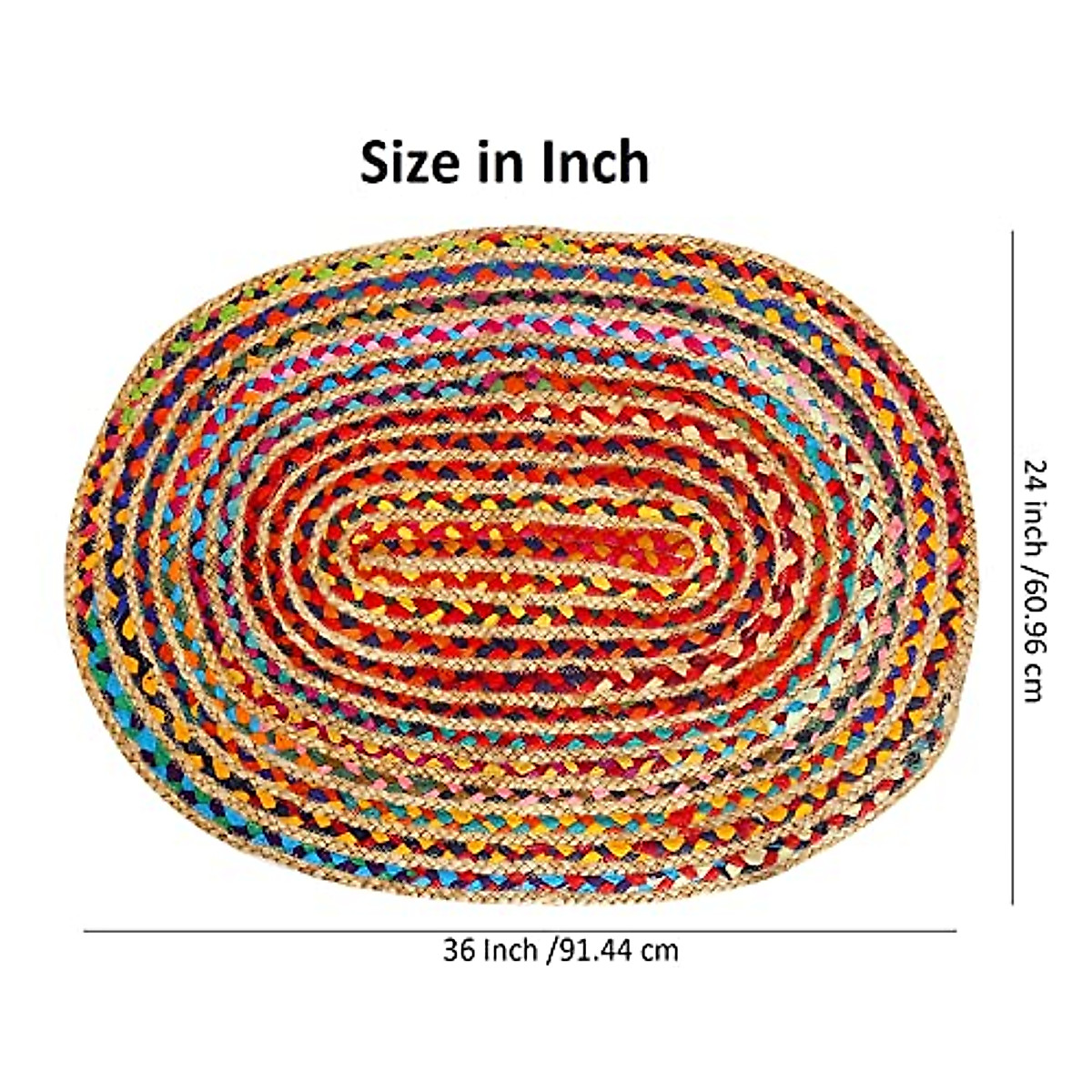 KEMA Jute Cotton Multi Chindi Braid Rug 2X3' Feet, Multi Color, Hand Woven & Reversible for Living Room Kitchen Entryway Rug,Jute Burlap Cotton Rag Rug 24x36 inch, Farmhouse Rag Rug, Rustic Rug