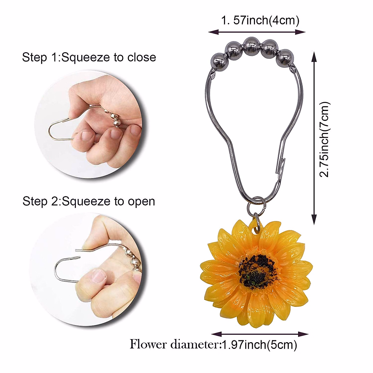 CHICTIE Flowers Shower Curtain Hooks Rings, 12 Pcs Decorative Rustproof Shower Rings for Bathroom Set (Yellow Sunflower)