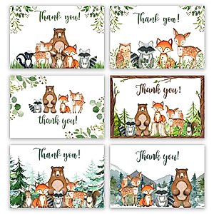 50 Woodland Thank You Cards, 4x6" Forest Animals Thank You Notes with Matching Green Envelopes & Stickers, Greenery Notecards, Woodland Baby Shower Thank You Cards