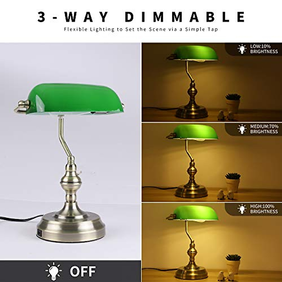 Liylan Green Glass Bankers Desk Lamp,Vintage Desk Lamp Touch Control, 3 Way Dimmable Table Lamp with USB Charging Port, Mid Century Banker's Desk Lamp for Home Office Library Antique Brass