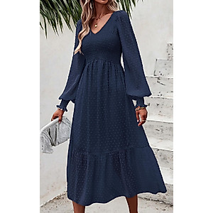 PRETTYGARDEN Women's Fall Dresses 2024 Long Sleeve V Neck Swiss Dot Smocked Ruffle Midi Dress Boho Chiffon Flowy Long Dress (Navy,Large)