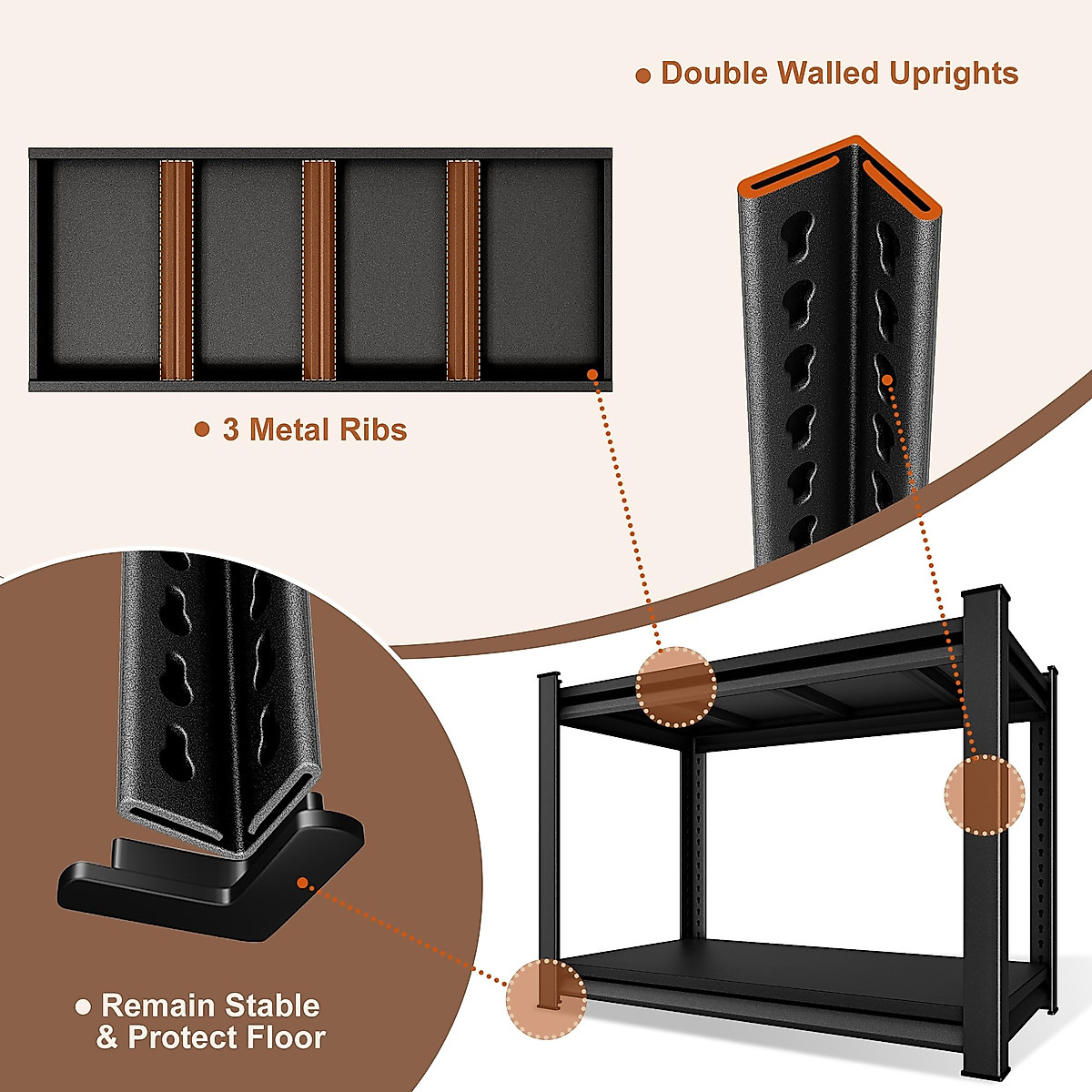 Rufokisa 40" W 2-Tier Garage Shelving Heavy Duty, 1000LBS Loads Garage Storage Shelves, Metal Shelving Units and Storage Racks, Industrial Utility Shelf Heavy Duty,40" Wx16 Dx36 H, Black