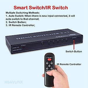 HDMI Switch Box 5 in 1 out- HBAVLINK 5 Port HDMI Switcher with Remote Video Switch Selector Hub for TV, Support HDMI 2.0 4K 60Hz 1080P 720P ARC CEC HDCP HDR for Roku Apple TV PS4 Xbox Blu ray Player