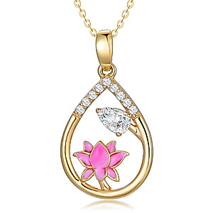 SISGEM 14k Gold Pink Lotus Flower Pendant and Chain Necklace, 16-18 Inches