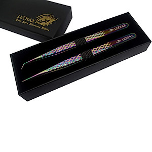 Eyelash Extension Tweezers Fiber Tip (Anti – Slip) Set of 2 pieces straight & curved with Diamond Grip, Rainbow Colour,14cm, volume Tweezers, Lash Extension Precision tweezers. (Multi)