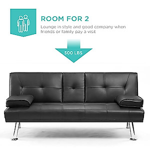 RIDFY 66.5” Modern Futon Sofa Bed with Metal Legs/2 Cupholders, Convertible Folding Upholstered Loveseat, Memory Foam Living Seat with Removable Armrests for Compact Spaces/Apartments/Office (Black)