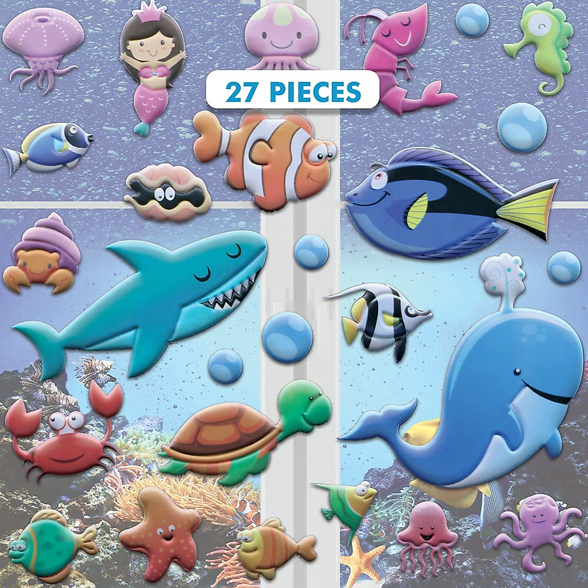 Under The Sea Ocean Window Clings for Kids & Toddlers (by Jesplay USA - Reusable Window Stickers Gels & Decals) Puffy Sticker Activites for Car Plane Home - Underwater Animals Fish Mermaid Shark
