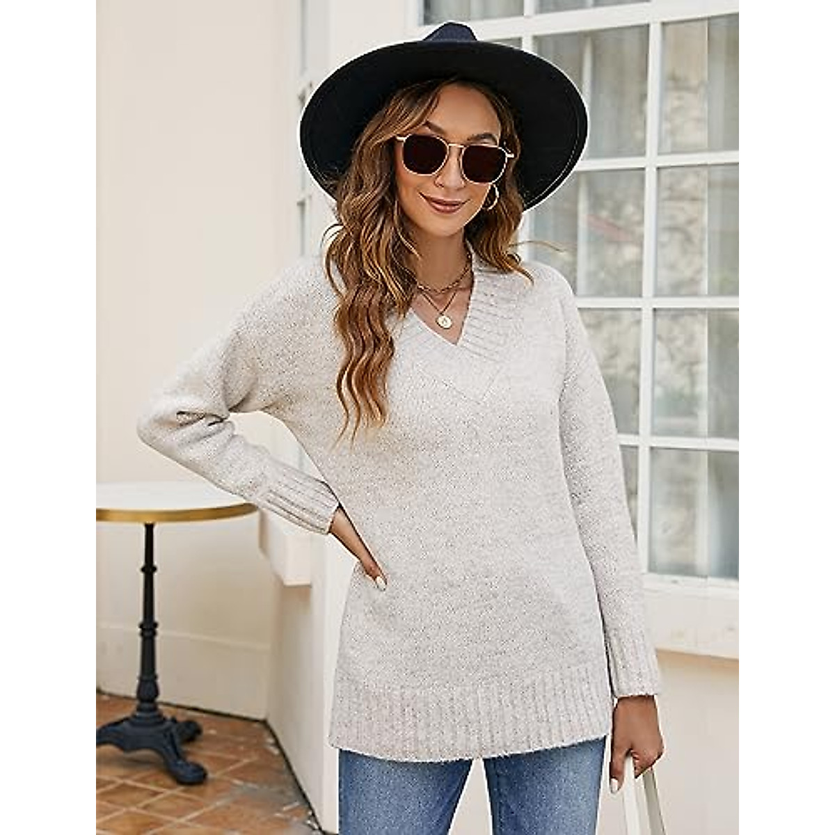 Bluetime Women Casual Long Sleeve Sweaters Soft Loose Fit Cable Knit Pullover V Neck Oversized Tunic Sweater Tops (L, Light Apricot)