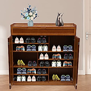 Bamboo 7-Tier Shoe Organizer Cabinet with Folding Door, Compartment Heels Long Boots, Hallway Entryway, Brown, Shoe Storage Cabinet, Shoes Rack Organizer for Bedroom Closet Entryway Living Room