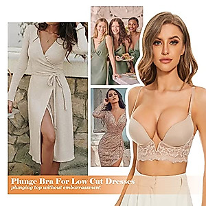 Women's Plunge Deep V Low Cut Lace Push Up Bra Underwire Convertible Low Back Bra Khaki