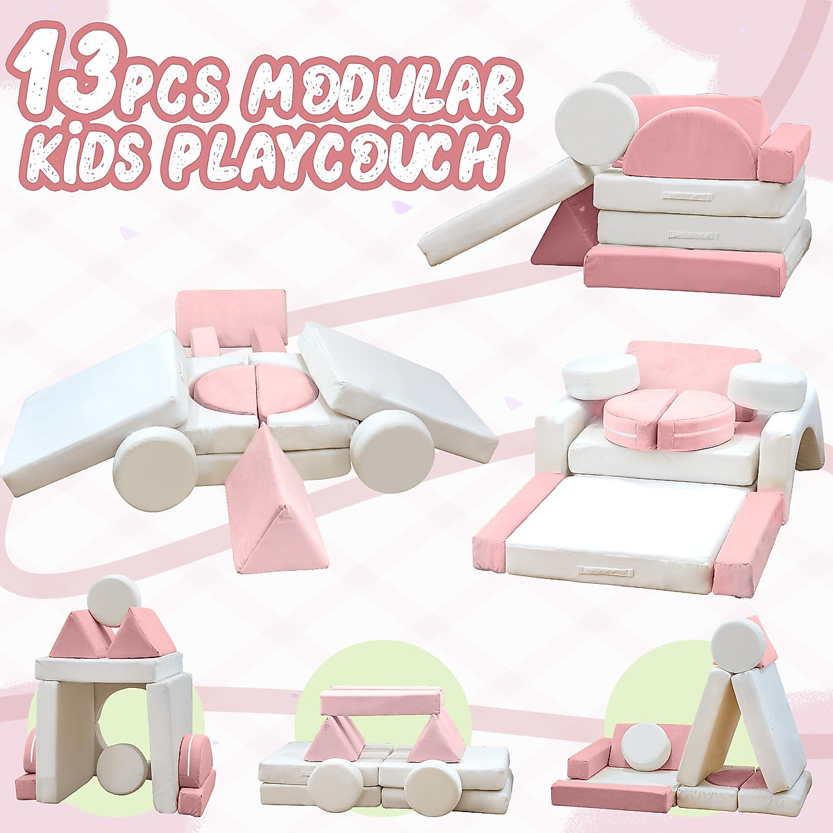 Stmoze 13PCS Modular Kids Play Couch, Kids Couch with Washable Velvet Cover, Modular Couch for Boys and Girls, Convertible Foam and Floor Cushion for Nursery Playroom, Pink & Beige