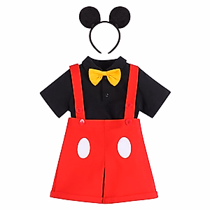 IBTOM CASTLE Gentleman First Birthday Cake Smash Photo Prop Outfits for Baby Boys Romper+Bow Tie+Overalls Bib Pants Ears Headband Halloween Baby Shower Fancy Costume Red+Balck 12-18 Months