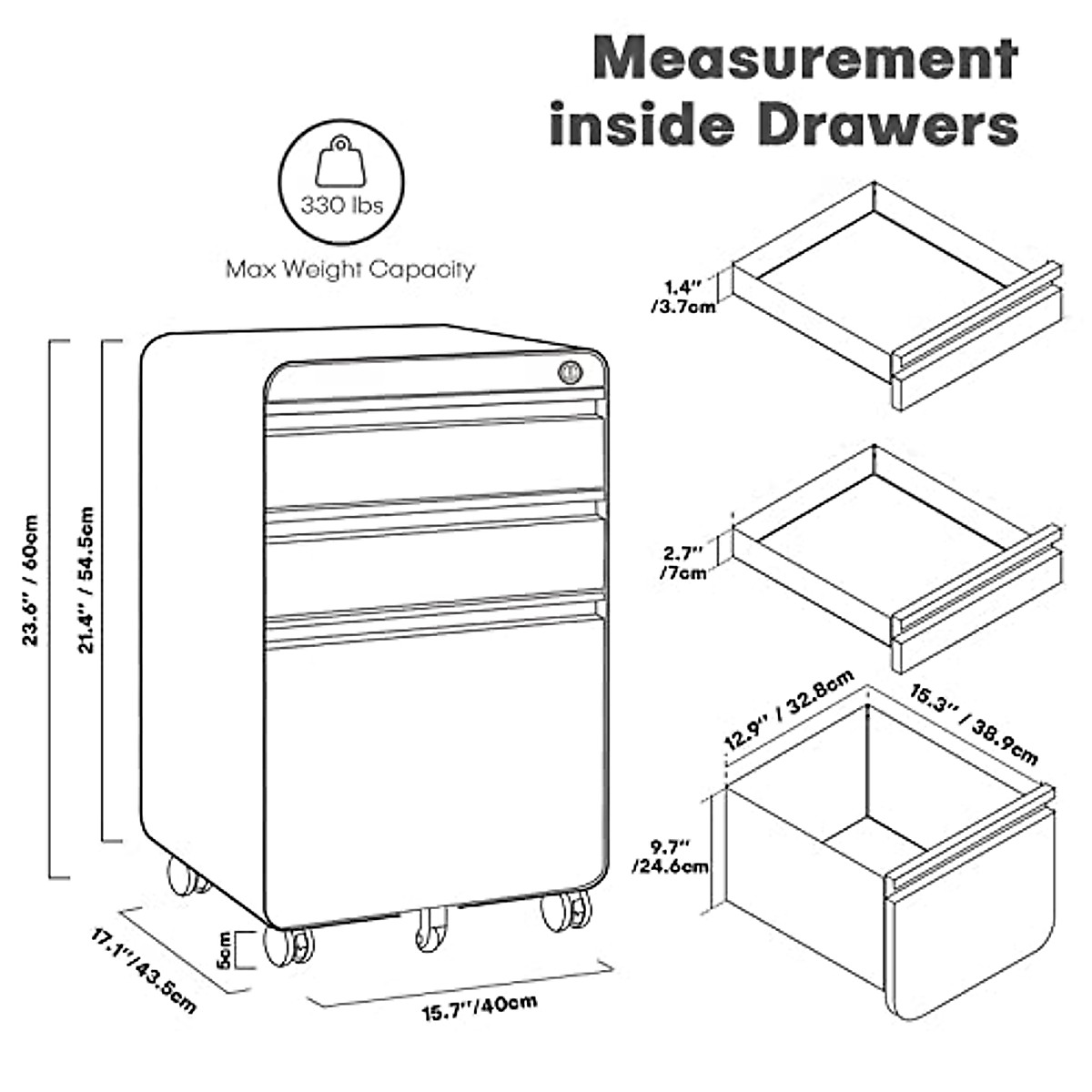 YOLEO 3 Drawer File Cabinet, Metal Filing Cabinets with Lock Wheels & Hanging Rail for A4/Legal/Letter File, Anti-tilt Under Desk Design, Lockable Rolling Mobile File Cabinet for Home Office (Black)