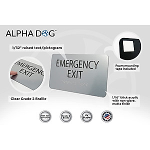 ALPHA DOG ADA SIGNS - Emergency Exit Sign with Braille for Your Business, 4x8 Inch, ADA Compliant, Indoor or Outdoor, Easy Installation, Made in the USA, Brushed Metal