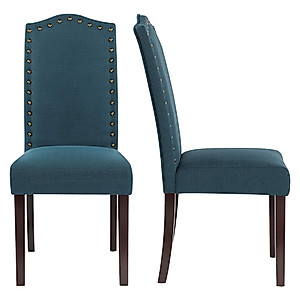 LSSBOUGHT Set of 2 Luxurious Fabric Dining Chairs with Copper Nails and Solid Wood Legs (Teal)