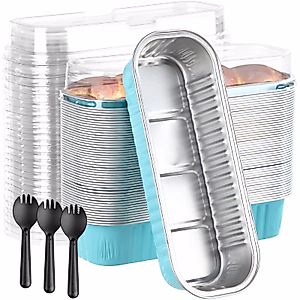 Tanlade 100 Pack Mini Loaf Pans with Lids 6.8 Oz Aluminum Foil Disposable Baking Pans Rectangle Cake Pans Muffin Tins Brownie Pan with Spoons for Cupcake Dessert Loaf Ramekin, Blue