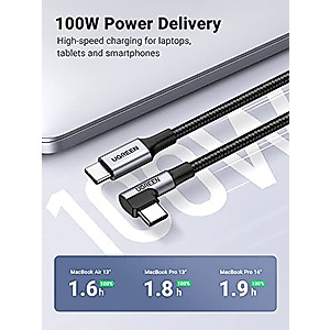 UGREEN 100W USB C Cable 90 Degree Type C Charging Cable Compatible with MacBook Pro 2022, iPad Pro 2022, Elitebook, Dell XPS, Samsung Galaxy S23/S22/Z Fold, Pixel, PS5, Switch, etc. 10FT