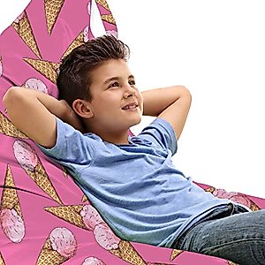 Ambesonne Ice Cream Lounger Chair Bag, Summer Desserts in Pinkish Tones Waffle Cones Joy Strawberry Delicious, High Capacity Storage with Handle Container, Lounger Size, Pink and Pale Brown