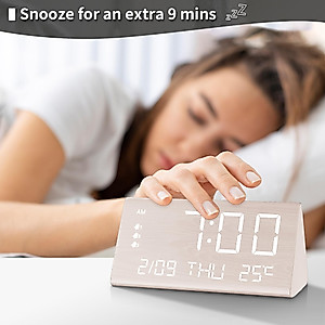 JALL Digital Alarm Clock, with Wooden Electronic LED Time Display, 3 Alarm Settings, Weekday/Weekend Mode, Temperature Detect, Wood Made Electric Clocks for Office, Bedroom, Bedside