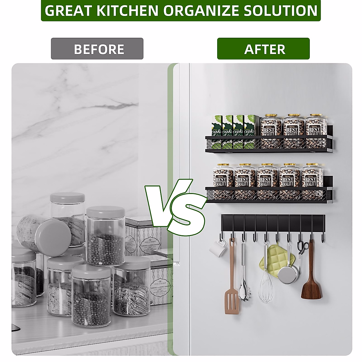 Umomi Magnetic Spice Rack for Refrigerator, 3 Pack Magnetic Shelf for Refrigerator, Moveable Fridge Magnetic Spice Racks with 10-Hook Rack for Kitchen Organizers and Storage