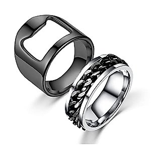 Stainless Steel Bottle Opener Ring Fidget Ring Anxiety Stress Relieving Cool Chain Statement Ring Thumb Beer Bar Opening Ring for Women Men-black 10